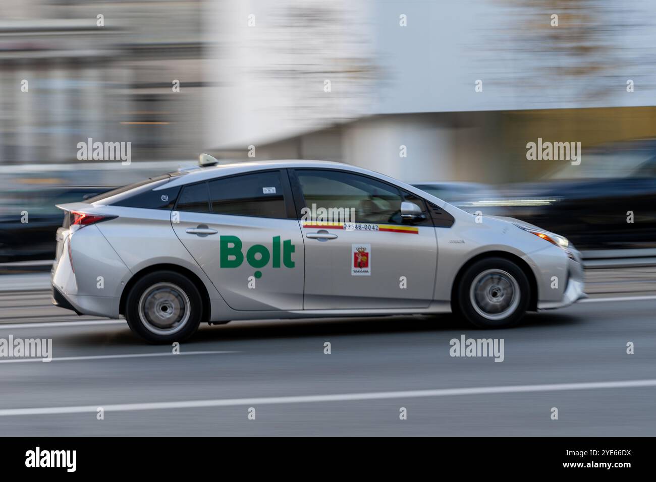 A Bolt taxi cab seen moving in the street in Warsaw. (Photo by Marek ...