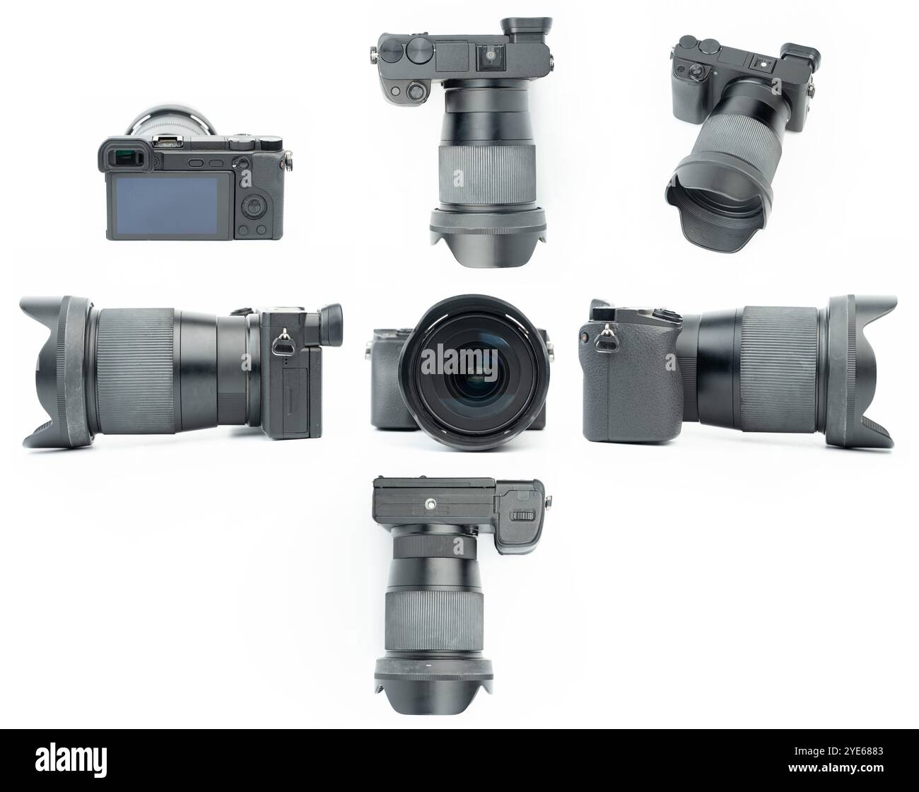 Different views of digital camera isolated on white studio background ...