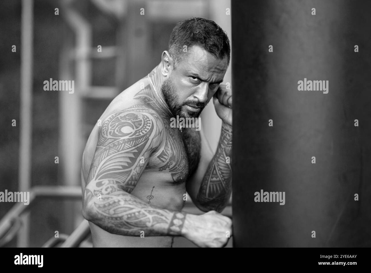 Serious danger man boxing punching bag. Man boxer face close up ...