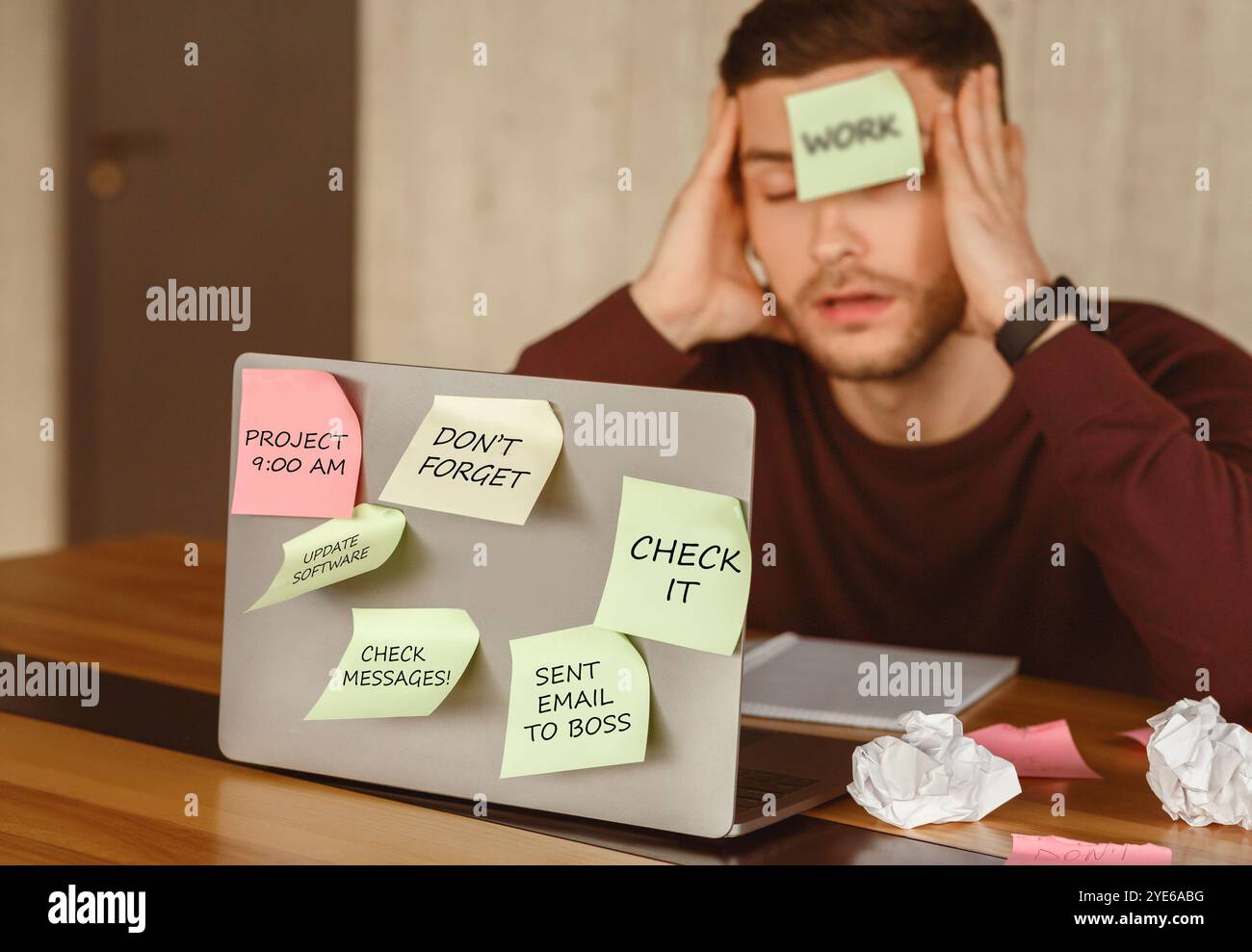 Sleepy Manager Guy Having Sticky Notes Everywhere At Workplace Indoor ...