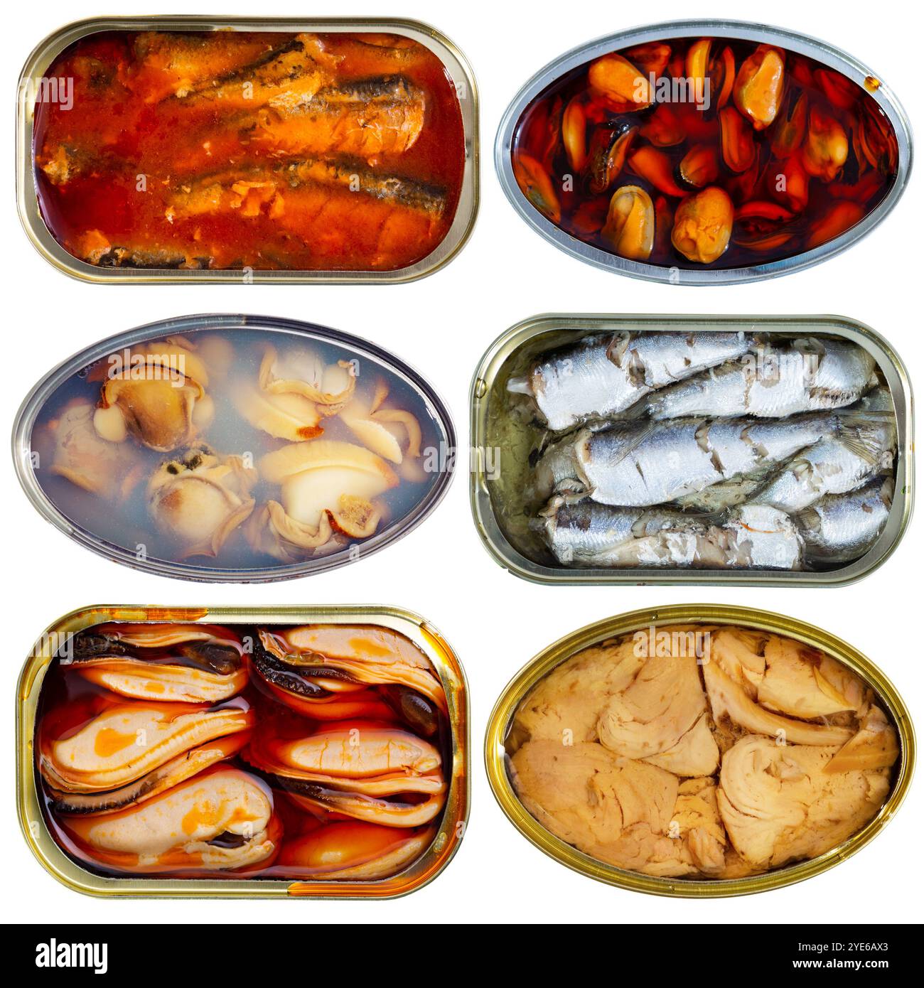 Raw and canned seafood and fish isolated on white Stock Photo - Alamy