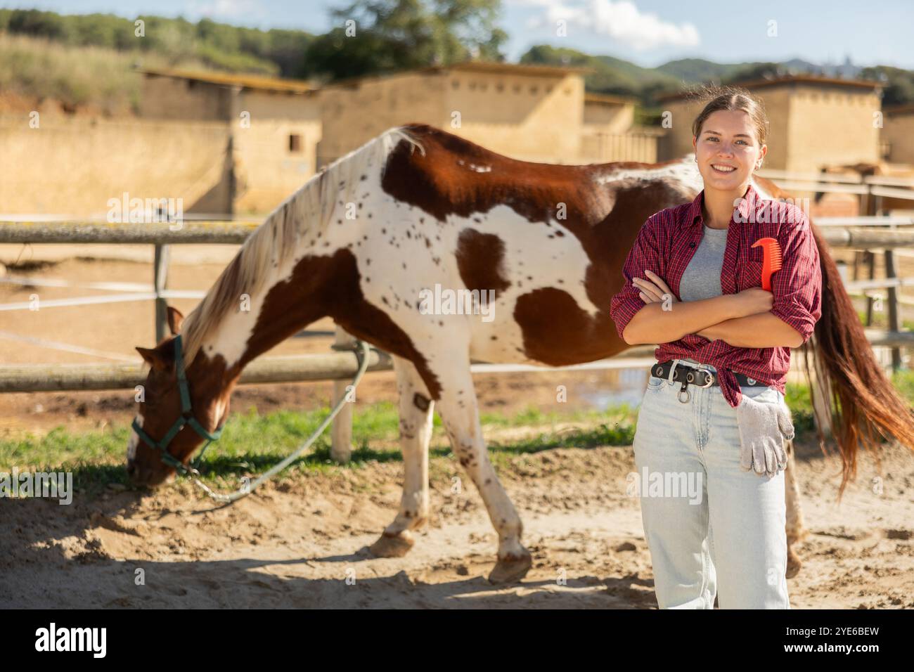 Smiling girl posing next to horse with horse mane comb Stock Photo - Alamy