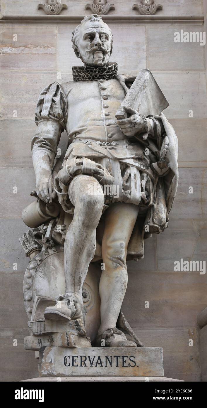 Miguel de Cervantes (1547-1616). Spanish writer. Statue by J. Vancell ...