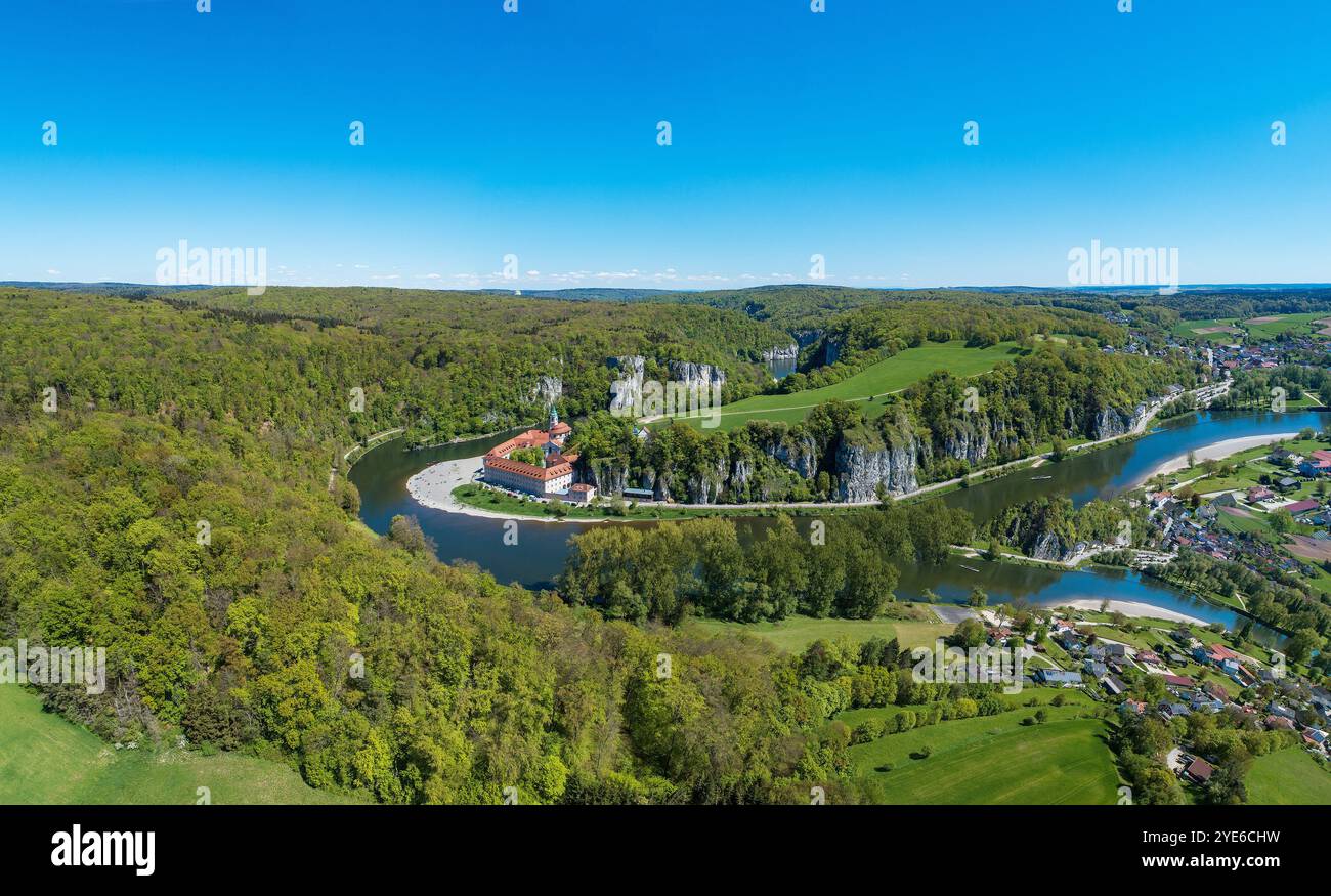 Danube Gorge Weltenburg and Weltenburg Abbey, aerial view, Germany ...