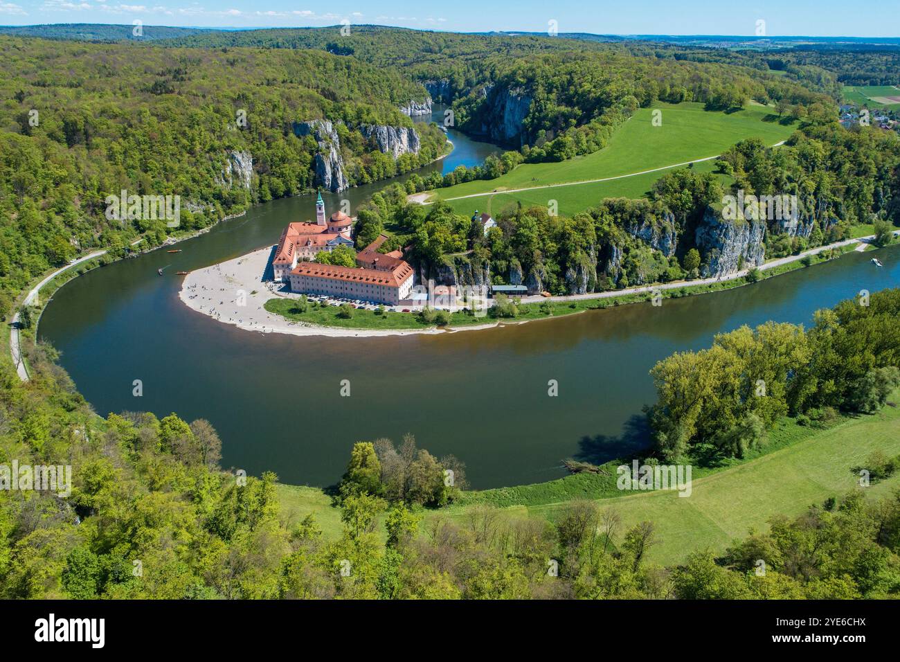 Danube Gorge Weltenburg and Weltenburg Abbey, aerial view, Germany ...