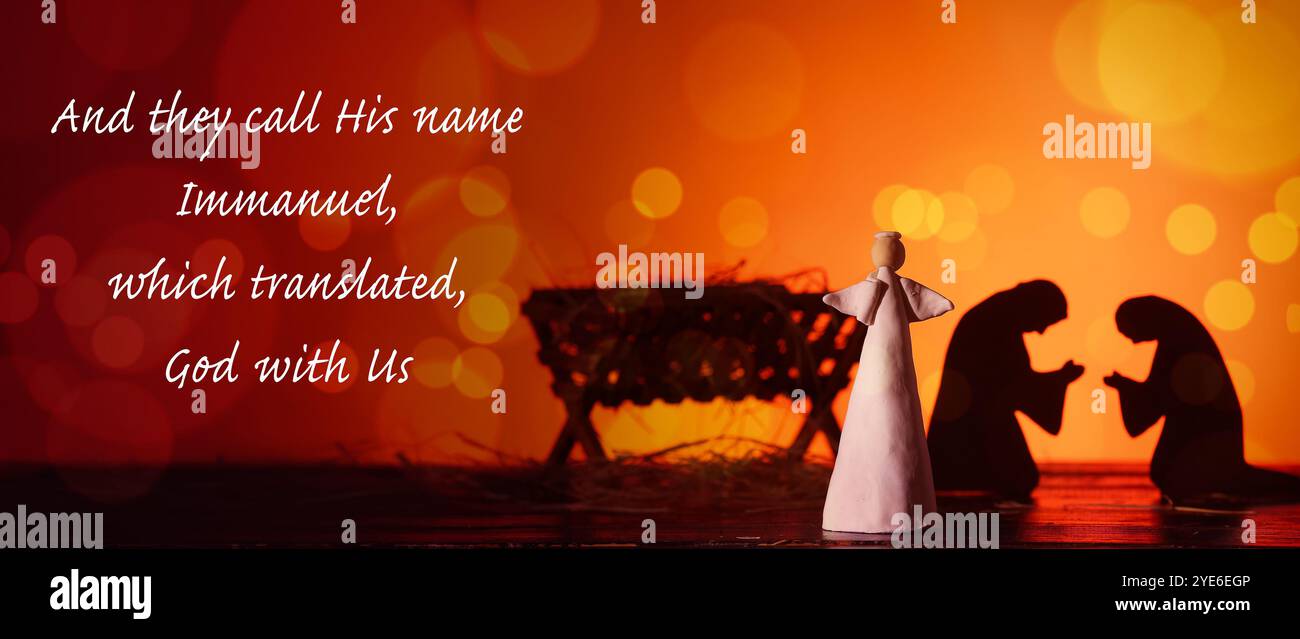 Manger and angel on color background. Concept of Christmas story Stock ...