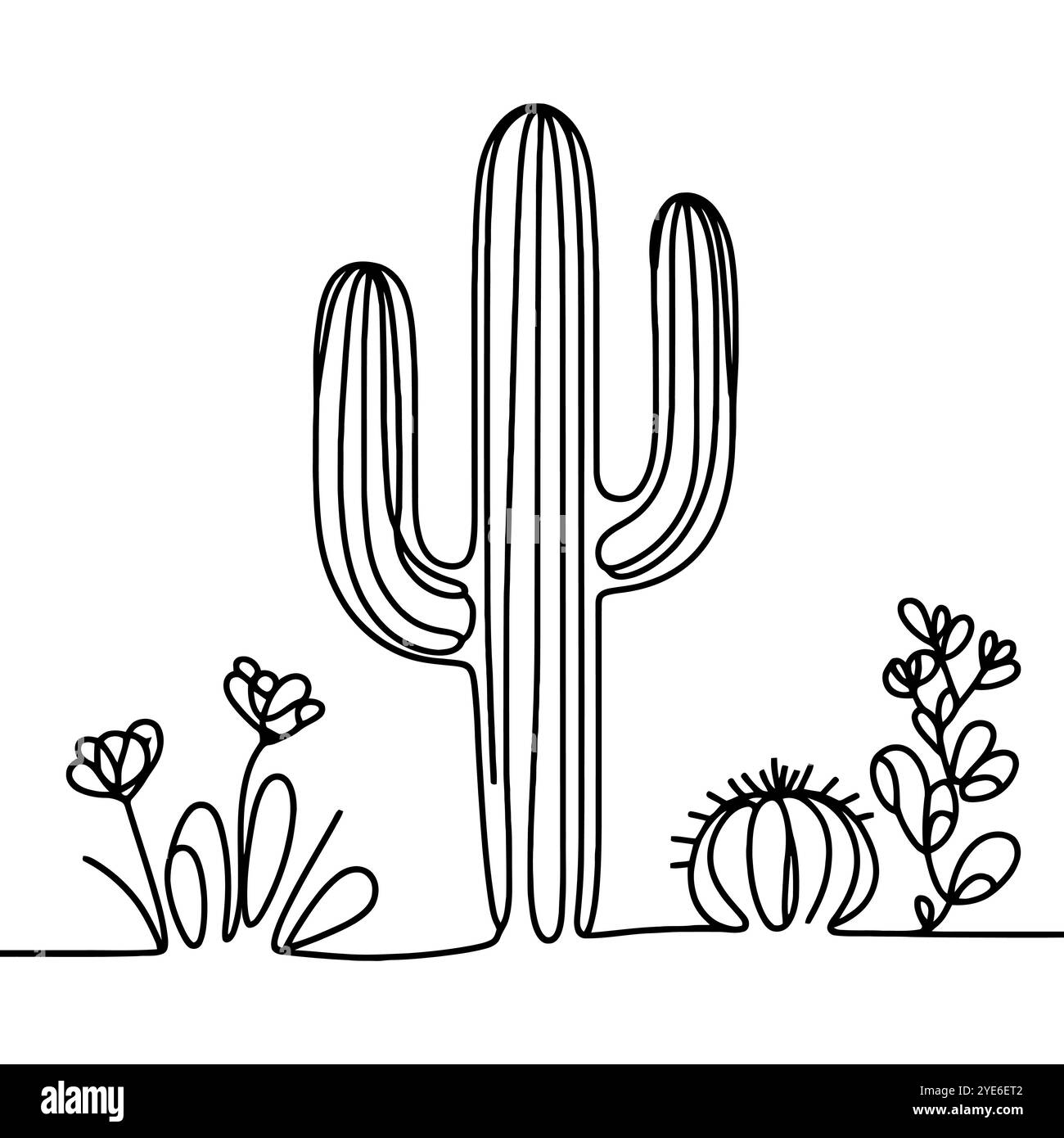 One continuous line illustration of a cactus, isolated on white ...