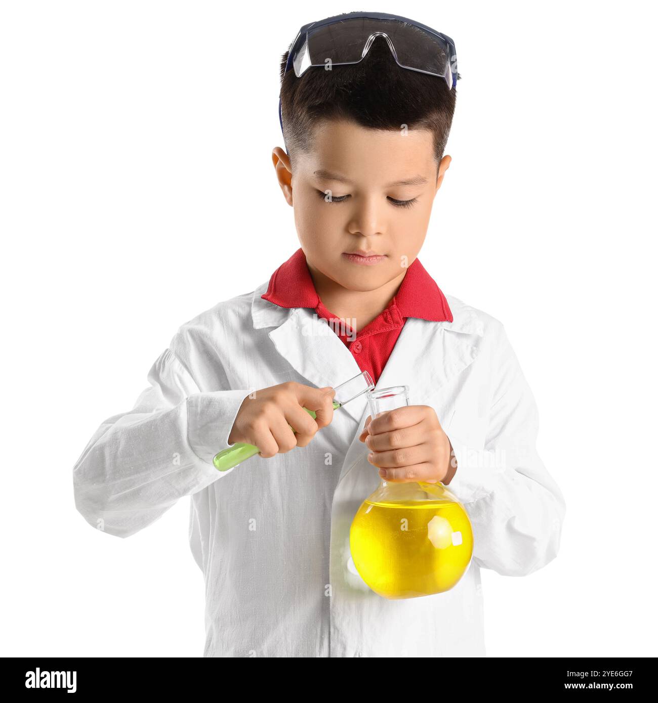Cute little boy conducting experiment with chemistry flasks on white ...