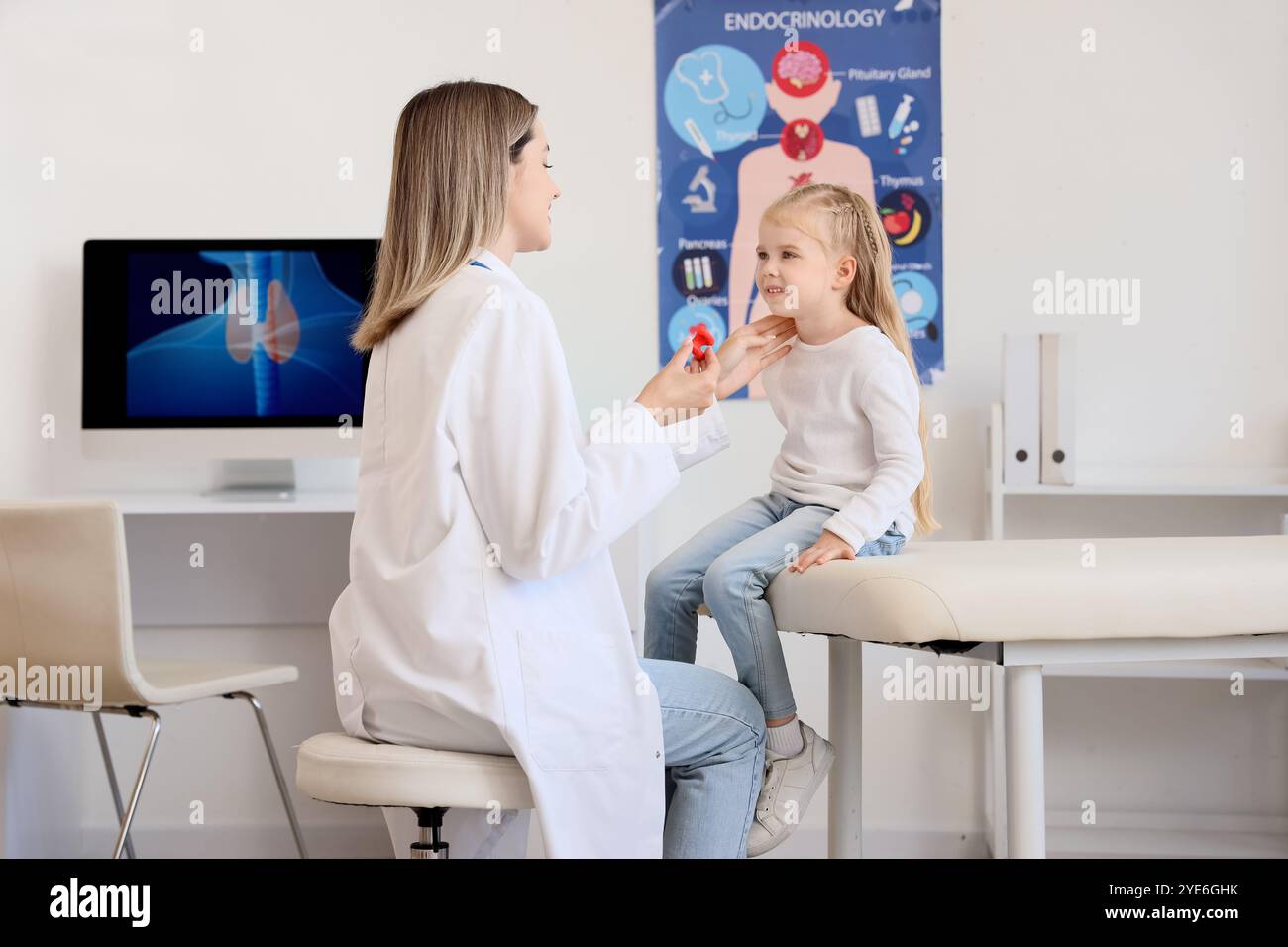 Female endocrinologist with thyroid gland model and little girl in ...