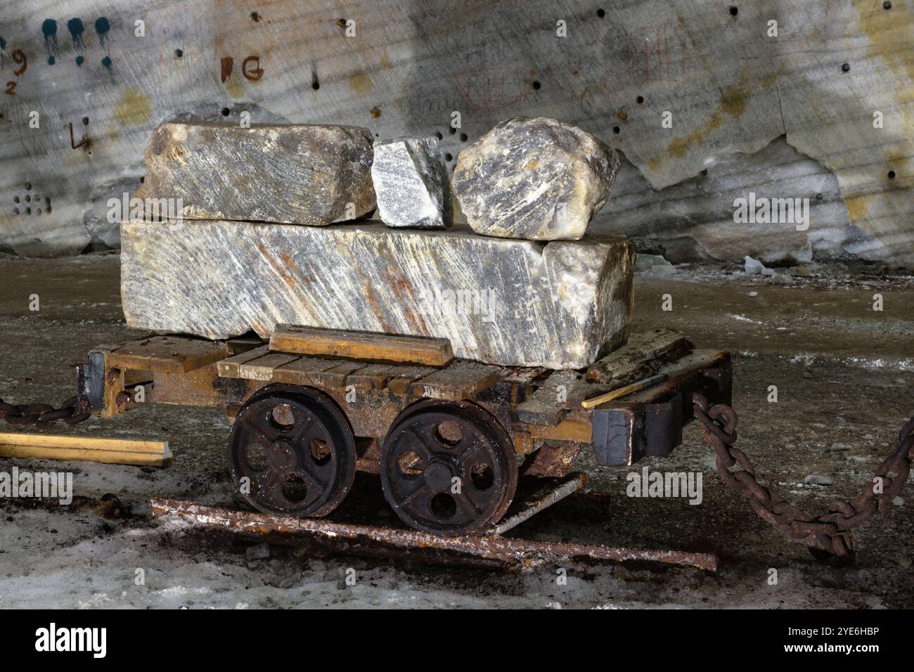 Old mining wagon with salt rocks inside Unirea public salt mine at ...