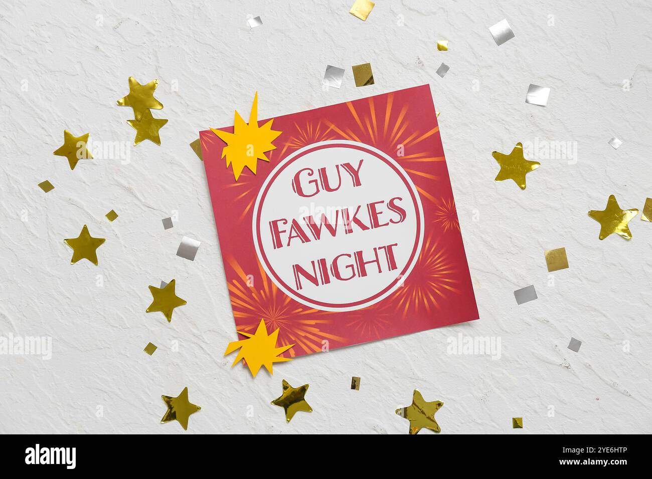 Greeting card for Guy Fawkes night and confetti on white background ...