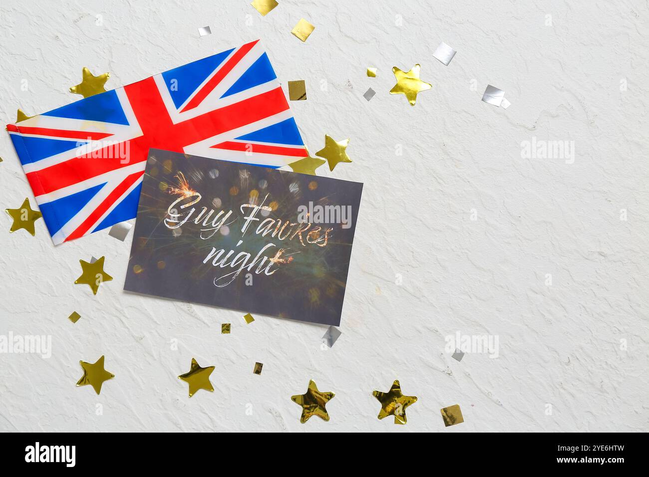 Greeting card for Guy Fawkes night, flag of Great Britain and confetti ...