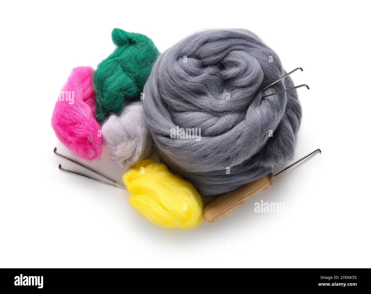 Set of wool for felting and needles on white background Stock Photo - Alamy