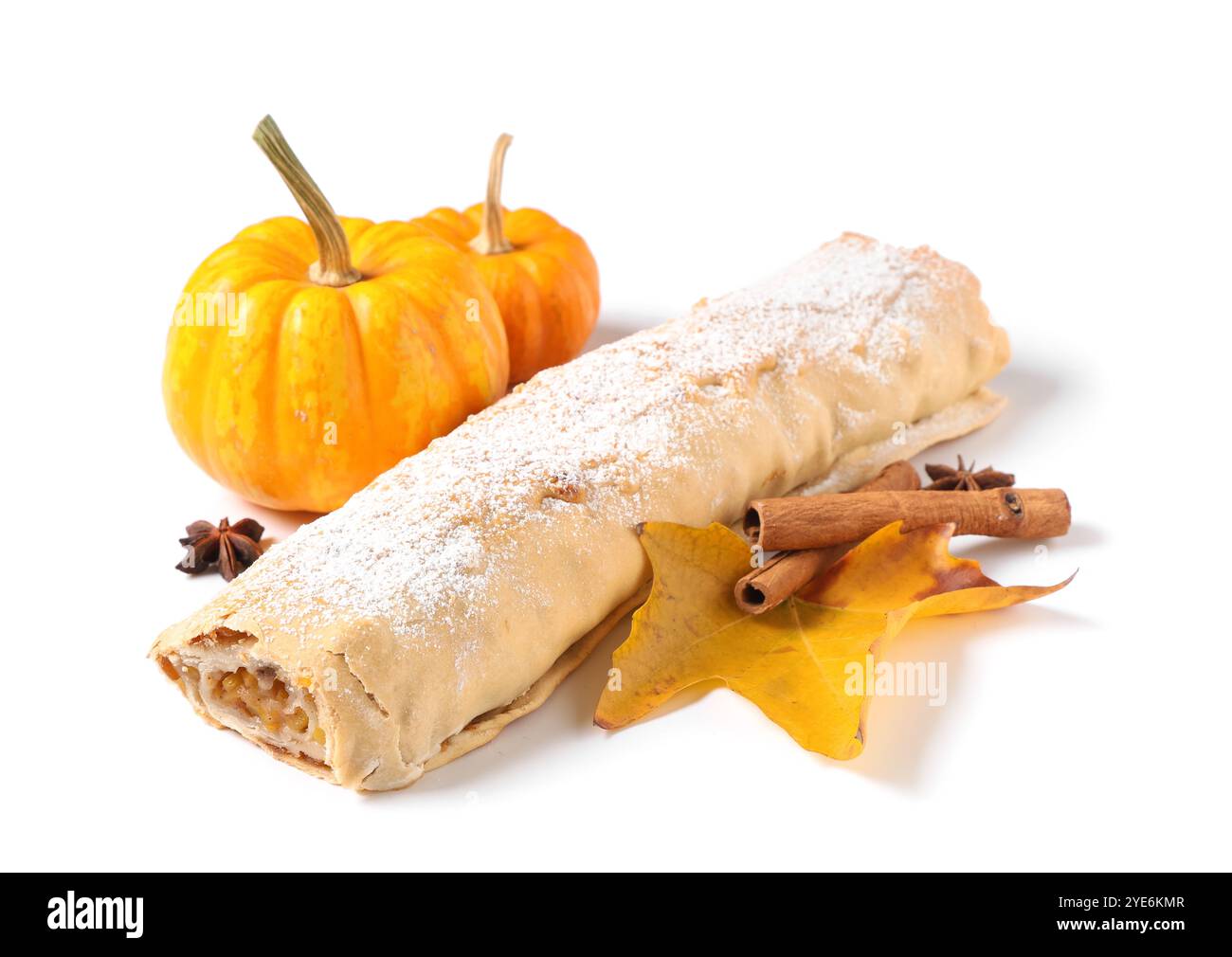 Tasty pumpkin strudel with cinnamon, star anise and autumn leaf on ...