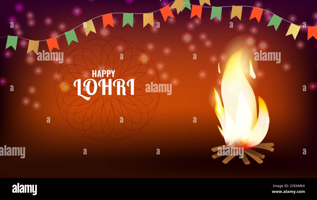 Happy Lohri Indian holiday festival bright bonfire. Decorations colored ...