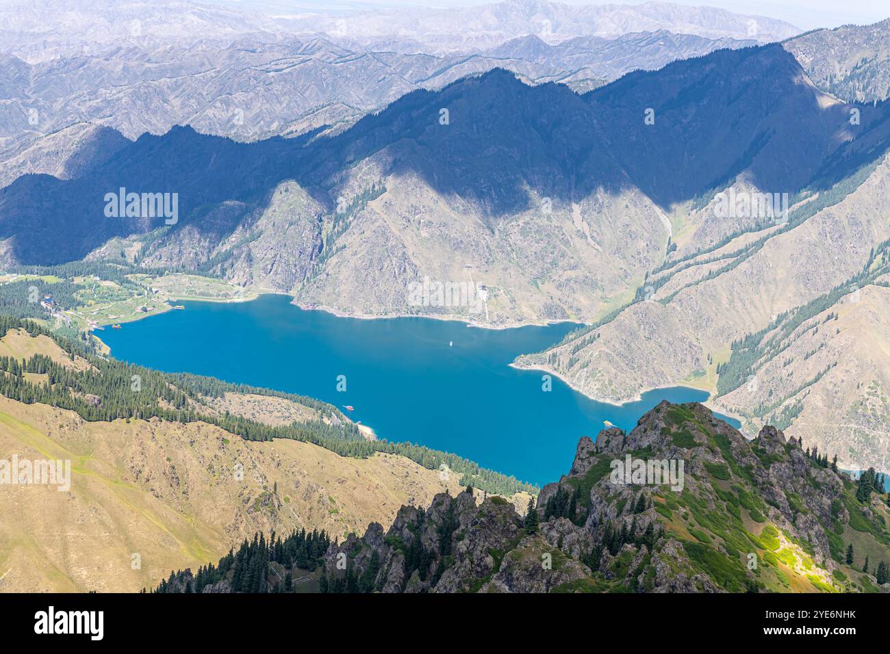 Aerial view of the Heaven Lake, Tianshan Tianchi National Geopark ...