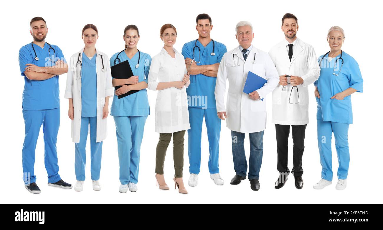 Different healthcare workers in uniforms on white background Stock ...