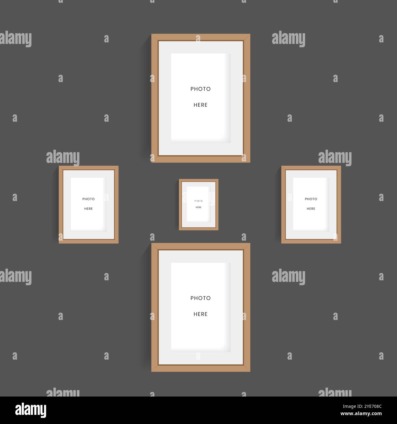 Groups of wooden frames of pictures on dark wall mock up designs, and ...