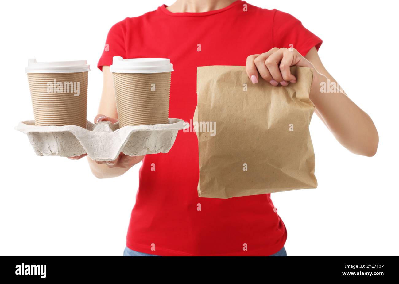 Fast-food worker with paper cups and bag on white background, closeup ...