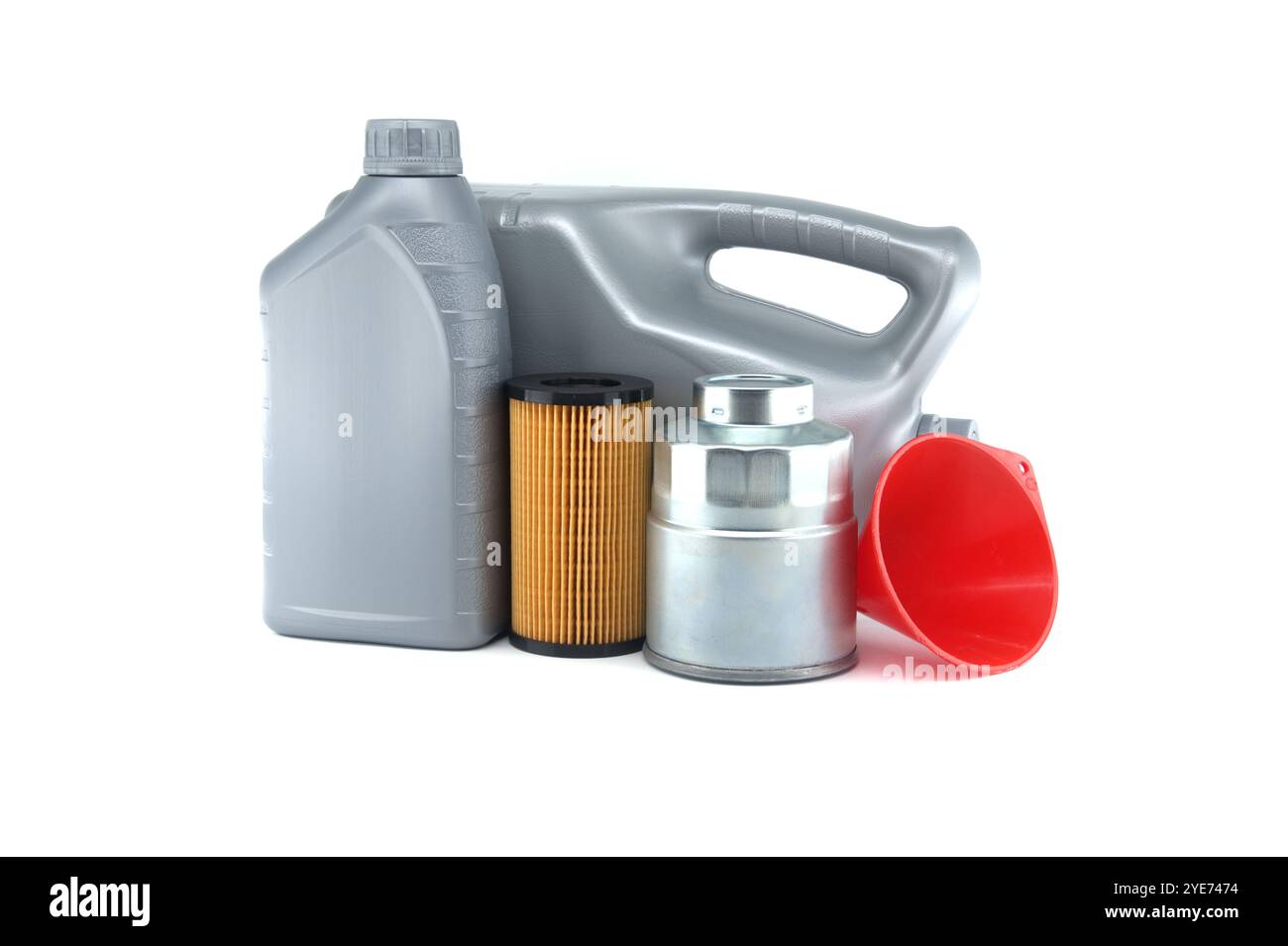 Automotive oil containers and filters isolated on white background ...