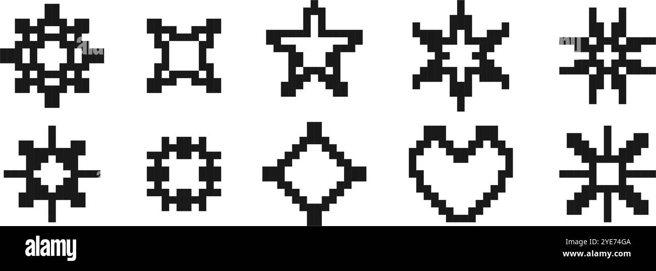 Pixelated star and flower element set. Black 8-bit pixel art collection ...