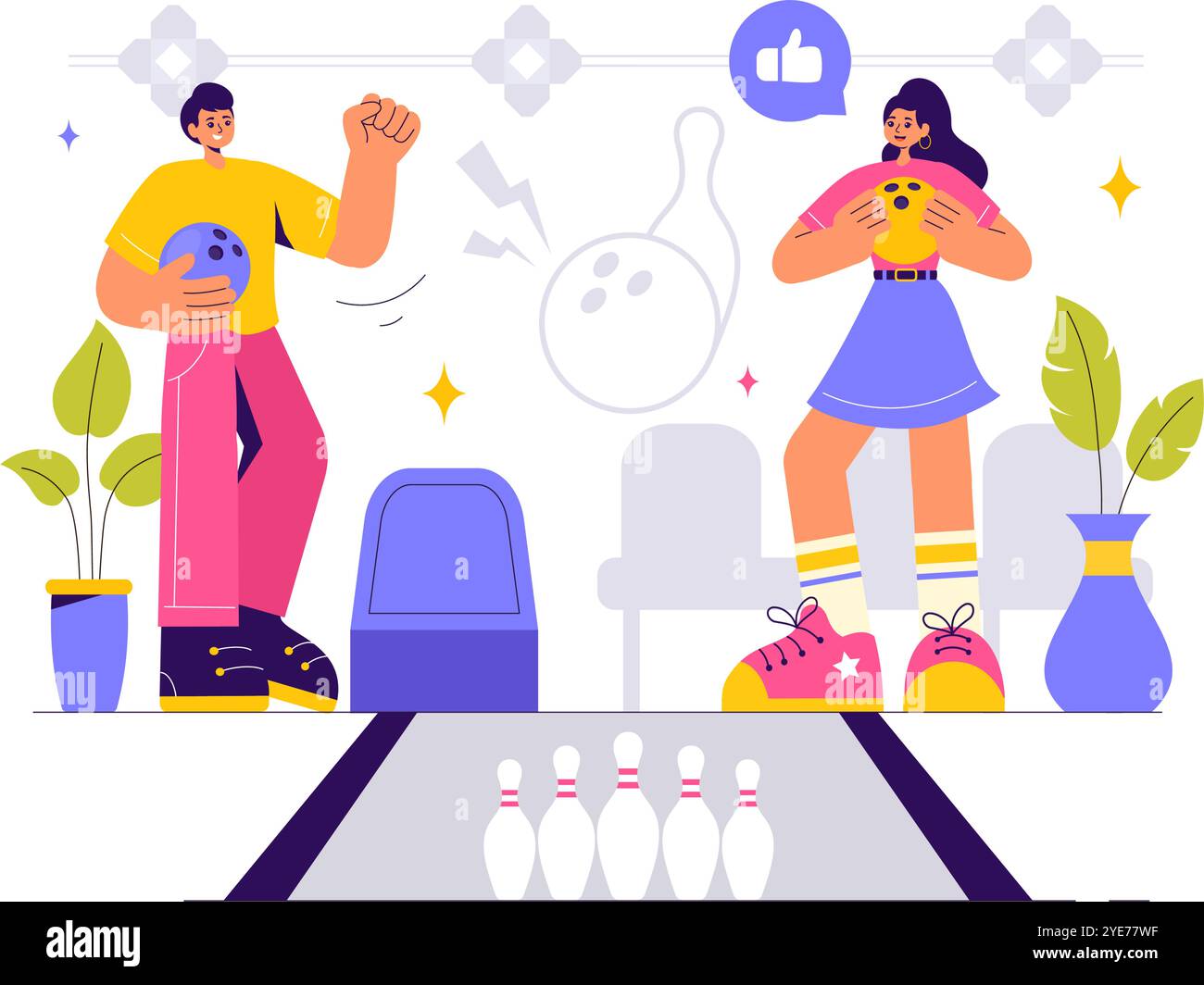 Vector illustration of a Bowling Game with People Throwing Balls ...