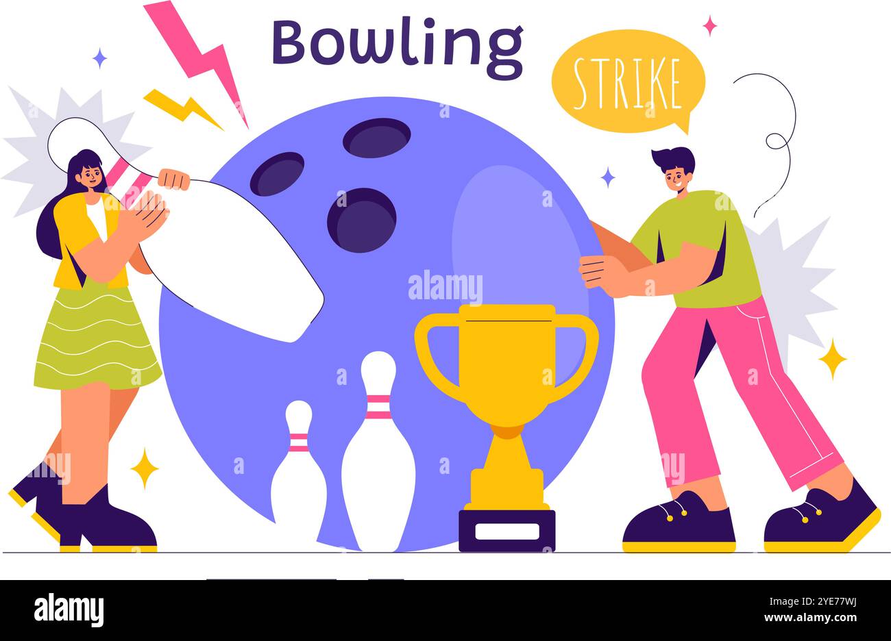 Vector illustration of a Bowling Game with People Throwing Balls ...