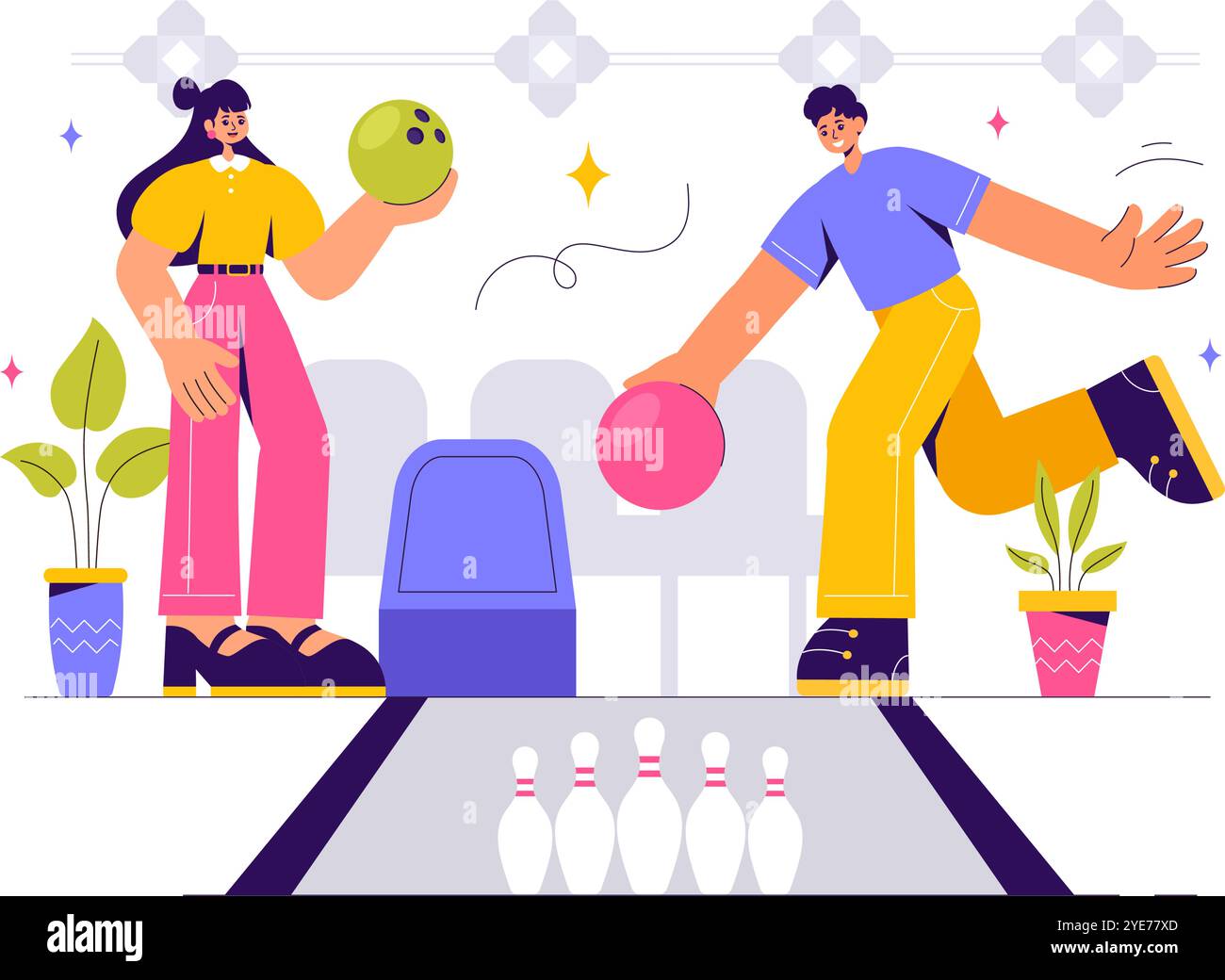 Vector illustration of a Bowling Game with People Throwing Balls ...