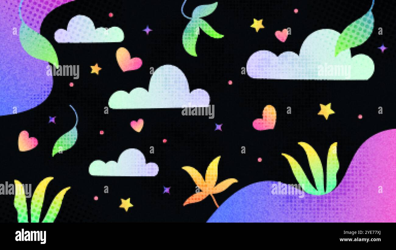 Fun and Colorful Creative Background with Clouds, Stars, Hearts and ...