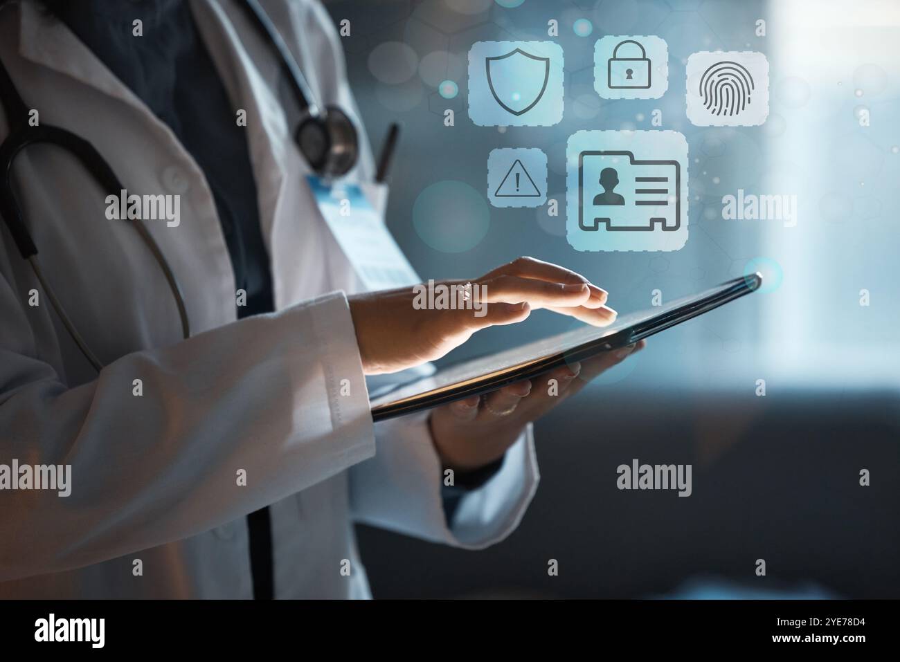 Tablet, overlay and hands of doctor with safety icon, privacy and ...