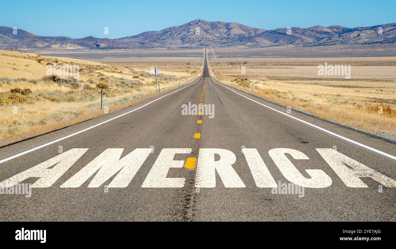 Long, straight section of highway in the desert Southwest with AMERICA ...