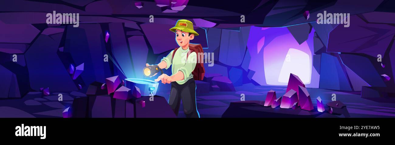 Young male explorer in hat and backpack in glowing cave filled with ...