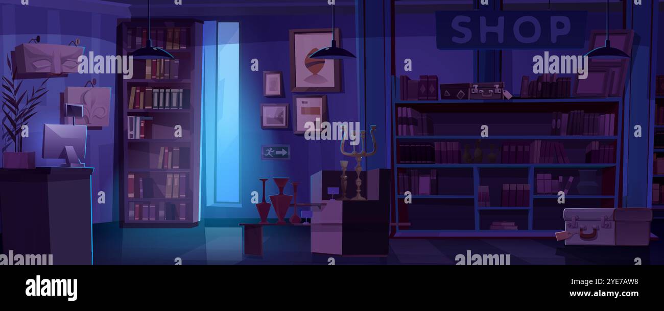 Dark night antique shop interior with bookshelves filled with books ...