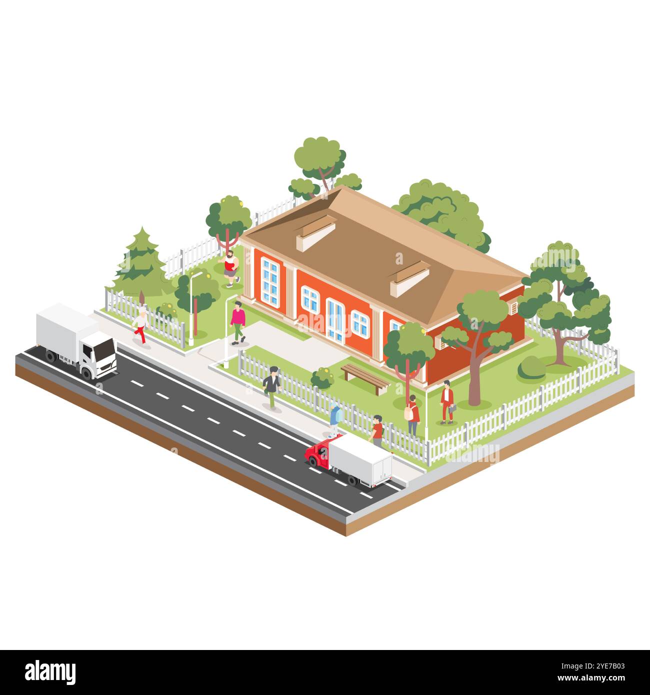 Isometric residential one storey building with people, road and trees ...