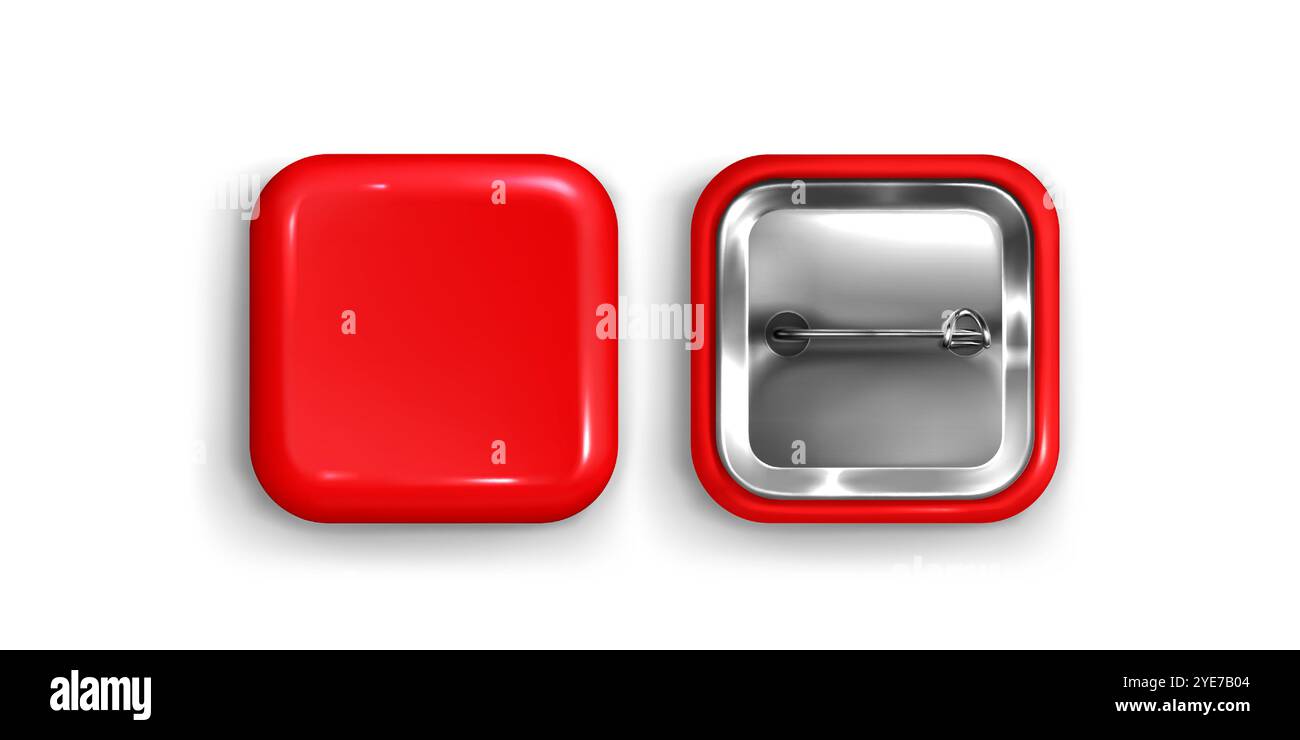 3d red pin button. Round square badge mockup icon. Blank glossy plastic ...