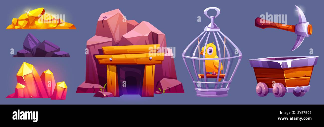 Mining game elements set - gold, purple and pink crystal clusters, cave ...