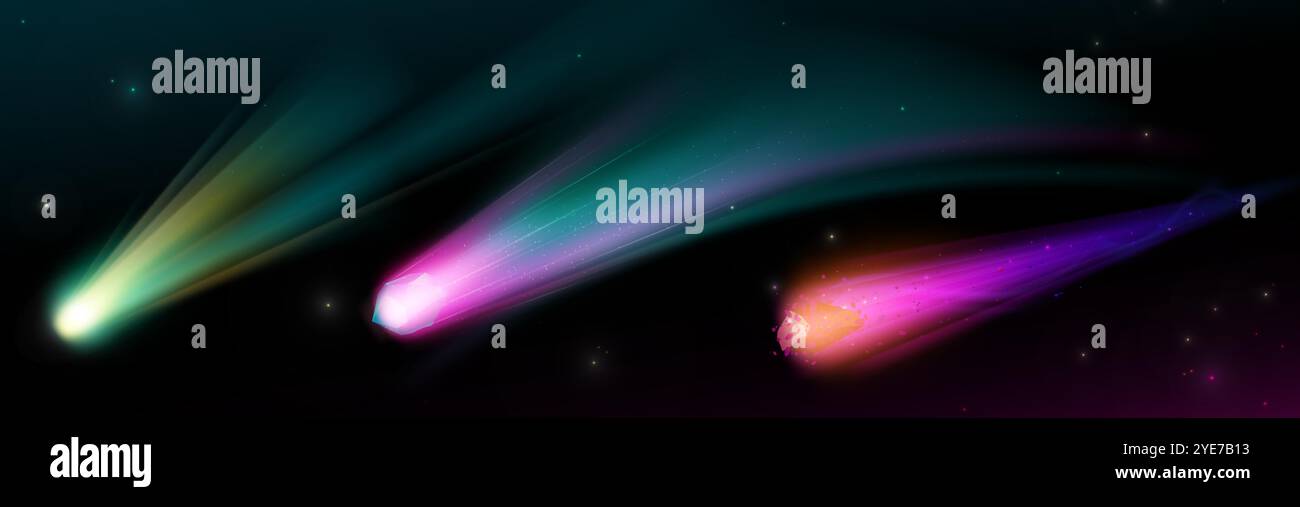 Celestial objects - asteroids or comets streaking across space with vibrant fire tails ...