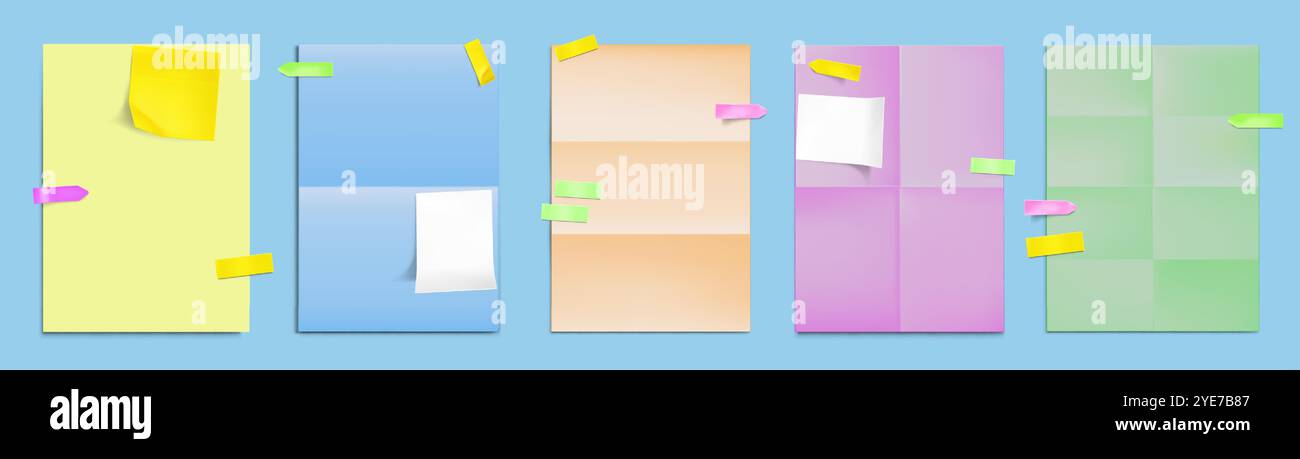Folded paper documents set with sticky notes isolated on background ...