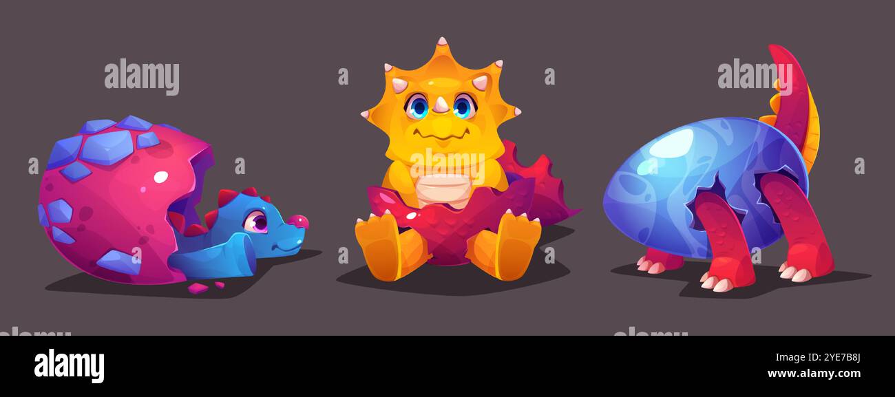 Cute dinosaur baby hatch egg. Dino born vector. Triceratops and ...