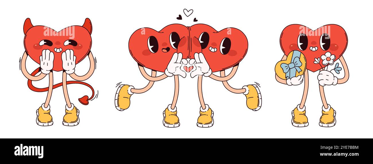 Groovy heart characters set isolated on white background. Contemporary ...