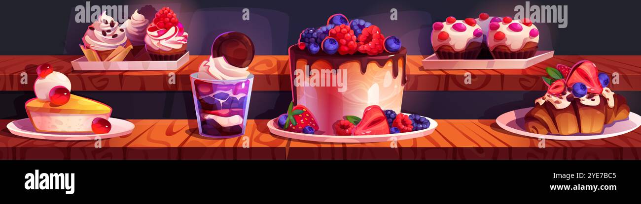 Dessert shop display with cakes and muffins. Vector cartoon ...