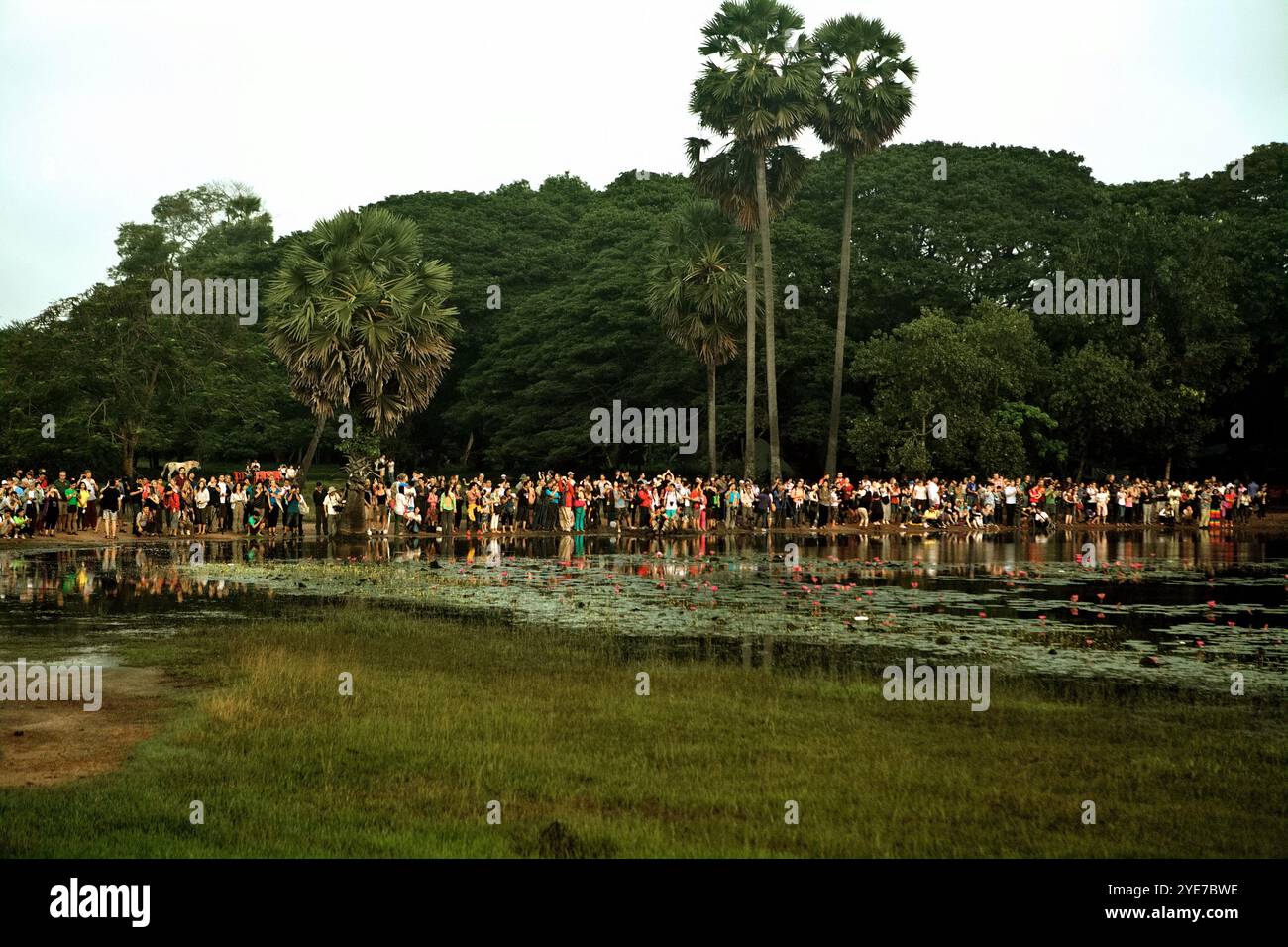 Crowds of international tourists enjoying Angkor Wat scenery during ...
