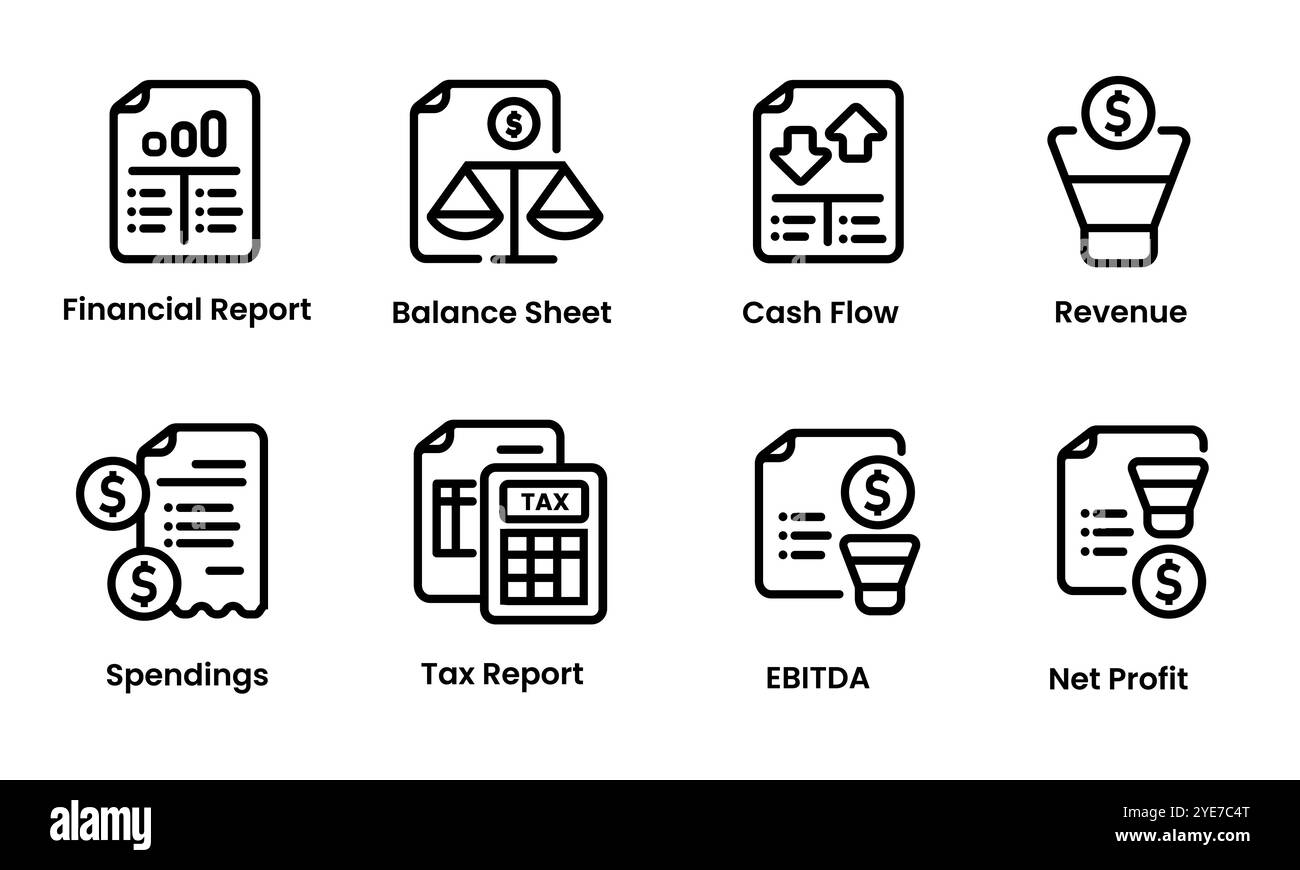 Financial report balance sheet icon set illustration symbol collection ...