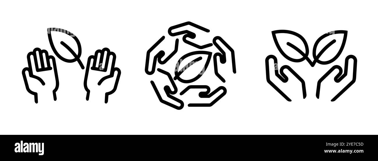 ecology sustainability icon set outline line illustration hands with ...