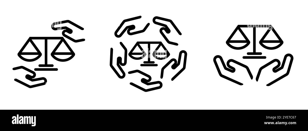 Justice lawyer attorney service scales icon set illustration line ...