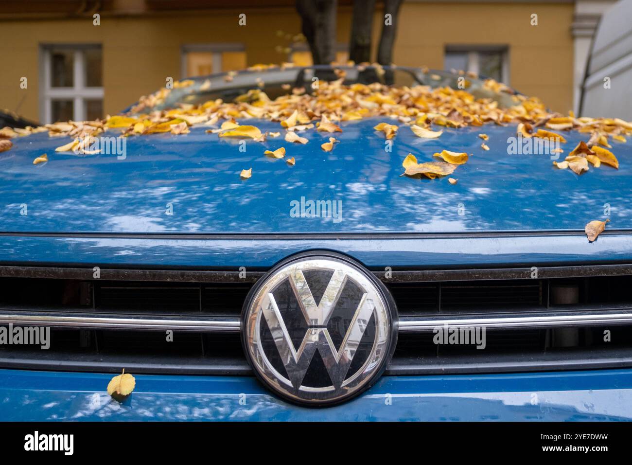 VW-Logo an einem Auto in Berlin. / VW logo on a car in Berlin. VW logo ...