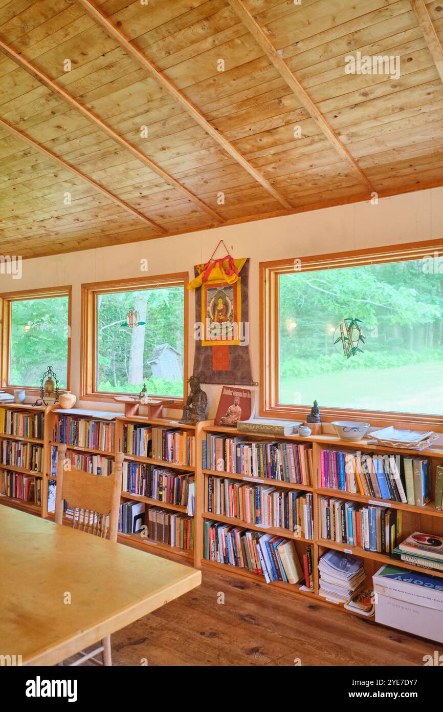 View of the traditional library in a wood building. At the Morgan Bay ...