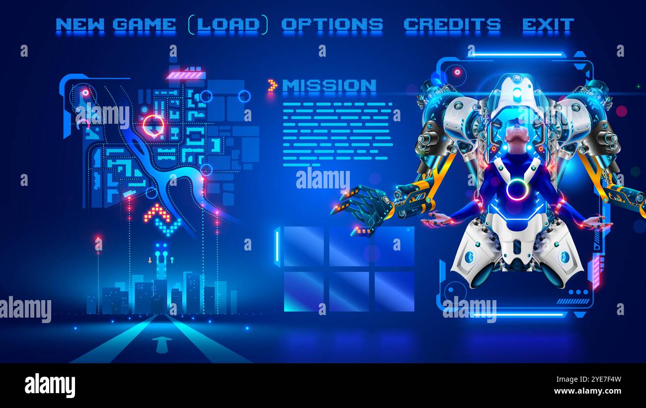 Character Cyborg in an abstract computer video game in menu frame ...
