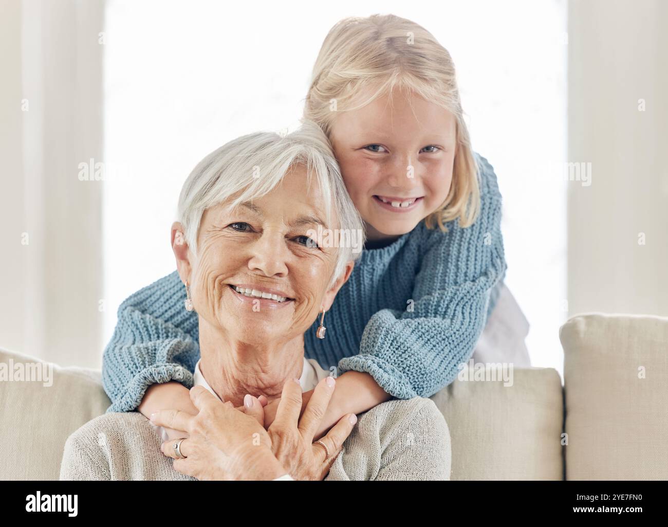 Hug, grandmother and girl in home portrait, old woman and kid for ...
