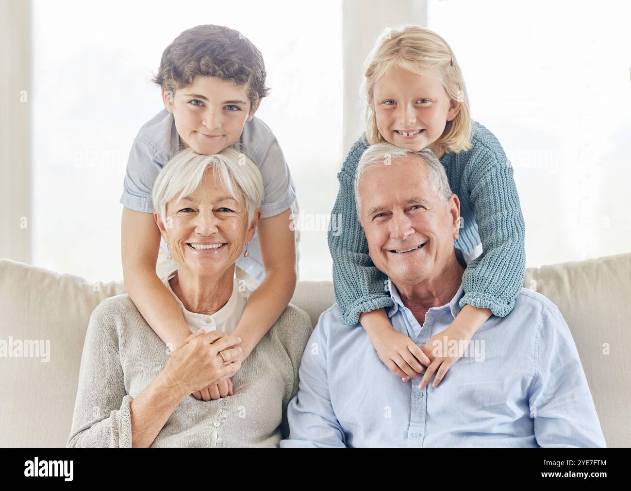 Family, grandparents and children in home portrait, happy and old ...